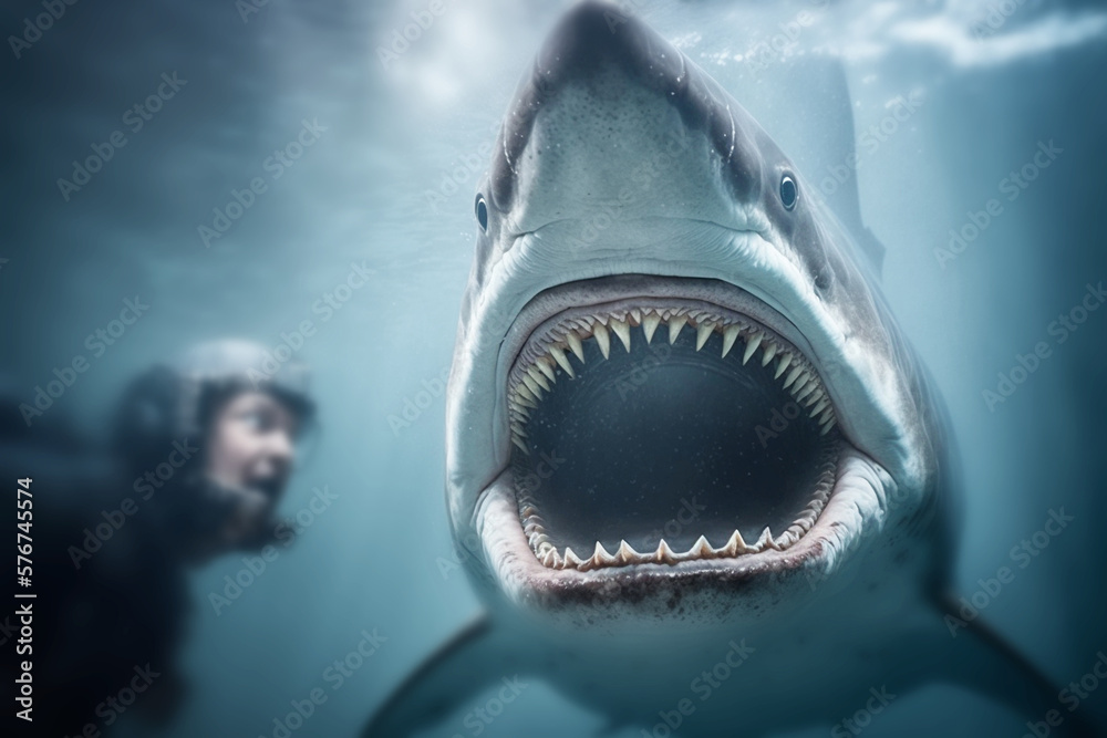 scared shocked diver and an adult great shark with a large mouth and ...