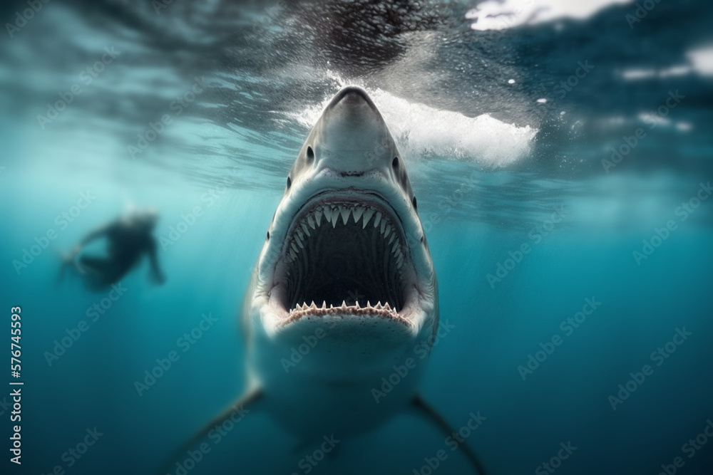 scared shocked diver and an adult great shark with a large mouth and ...