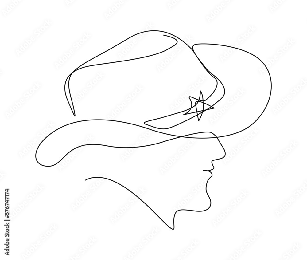 Continuous one line drawing of man wearing cowboy hat. Simple cowboy ...