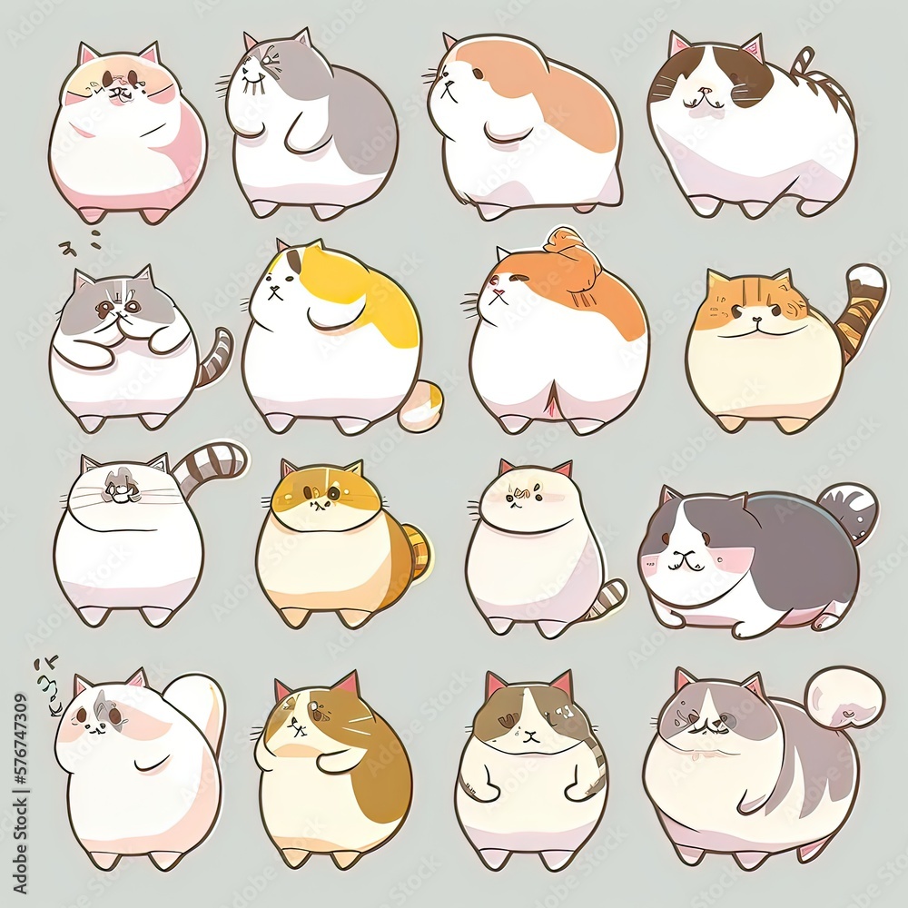 Set of fat cats of different colors in cartoon style on an isolated ...