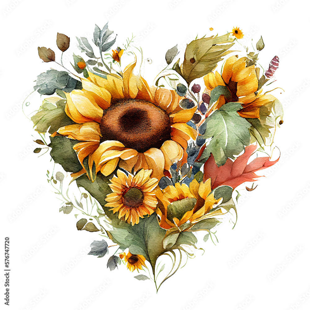 heart shaped Sunflower bouquet, Romantic heart vignette made of vintage ...