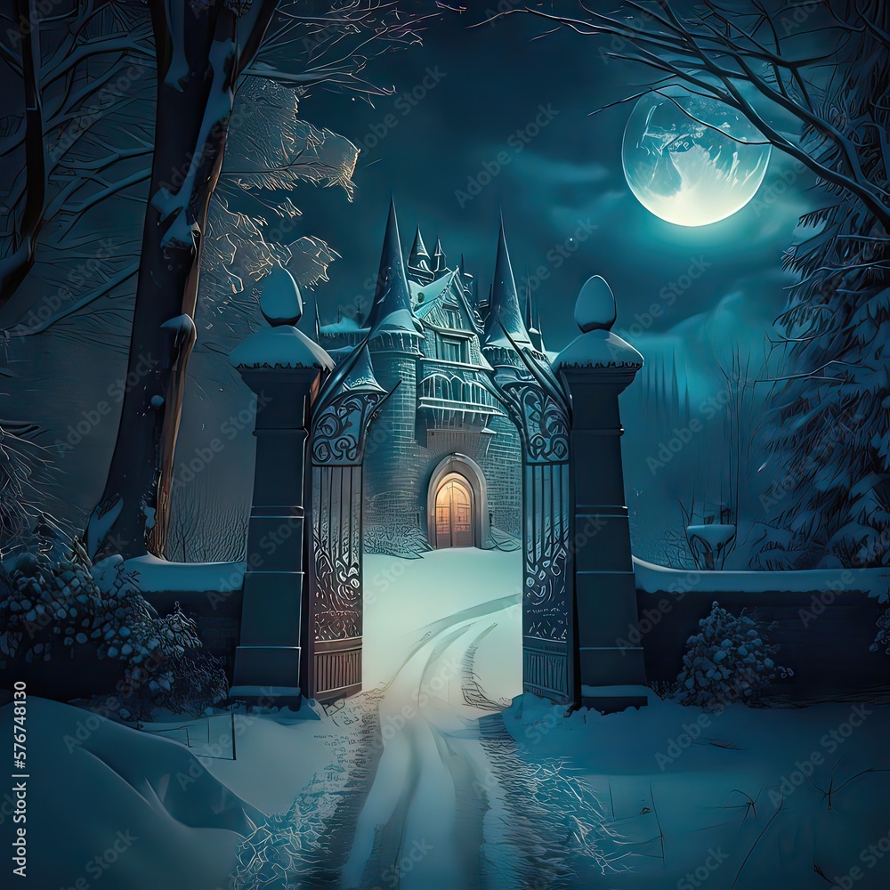 Wonderful gate and snowy road to the frozen castle at night. moonlight ...