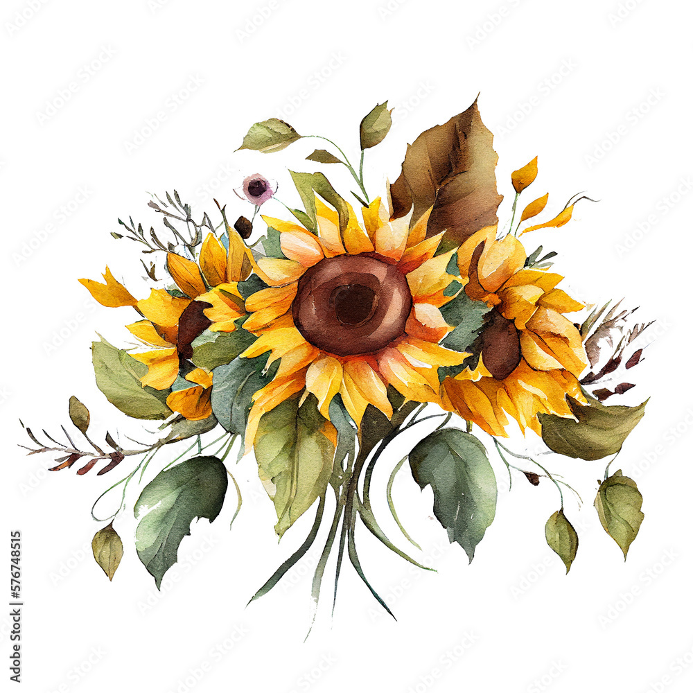 Watercolor floral bouquet composition with Sunflower, png transparent ...