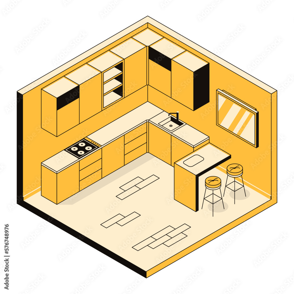 3d concept of a modern kitchen interior, furniture and household ...