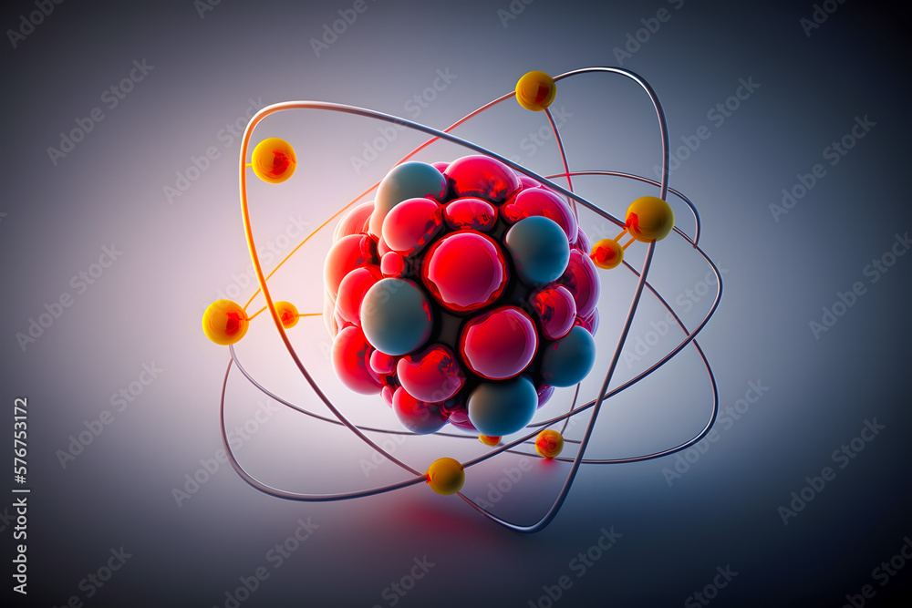 Enlarged model of an atom with a nucleus of protons, neutrons and ...