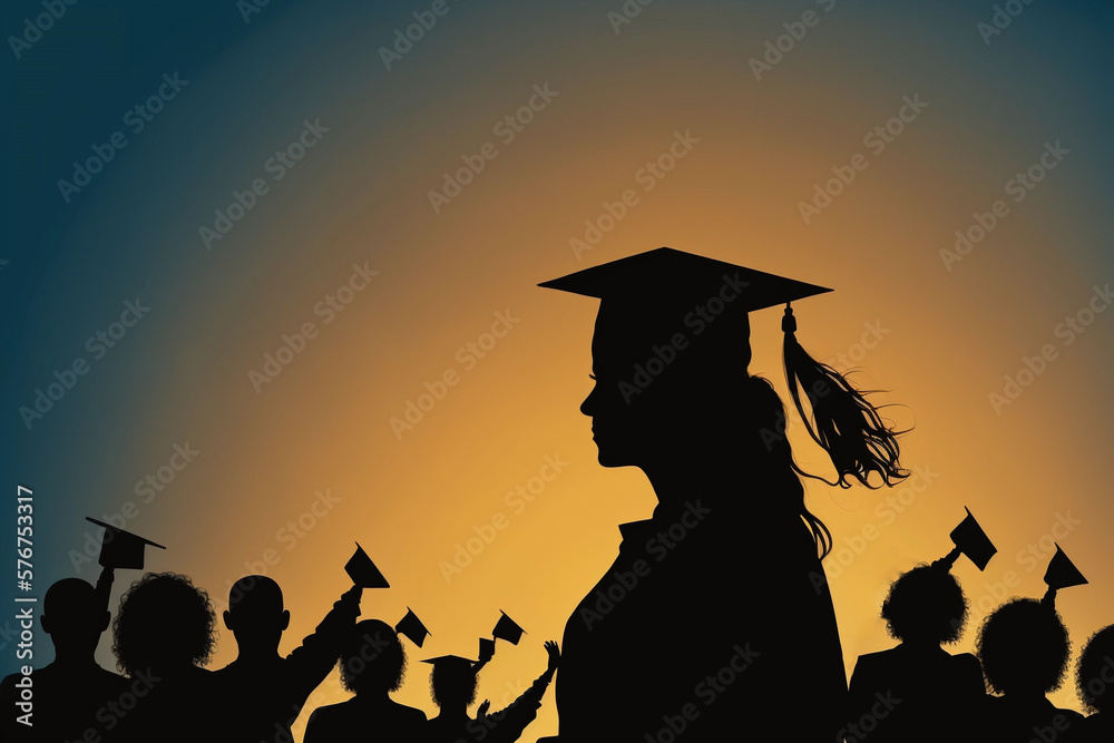 Silhouette of Graduates of many happy students in robes, tossing their ...