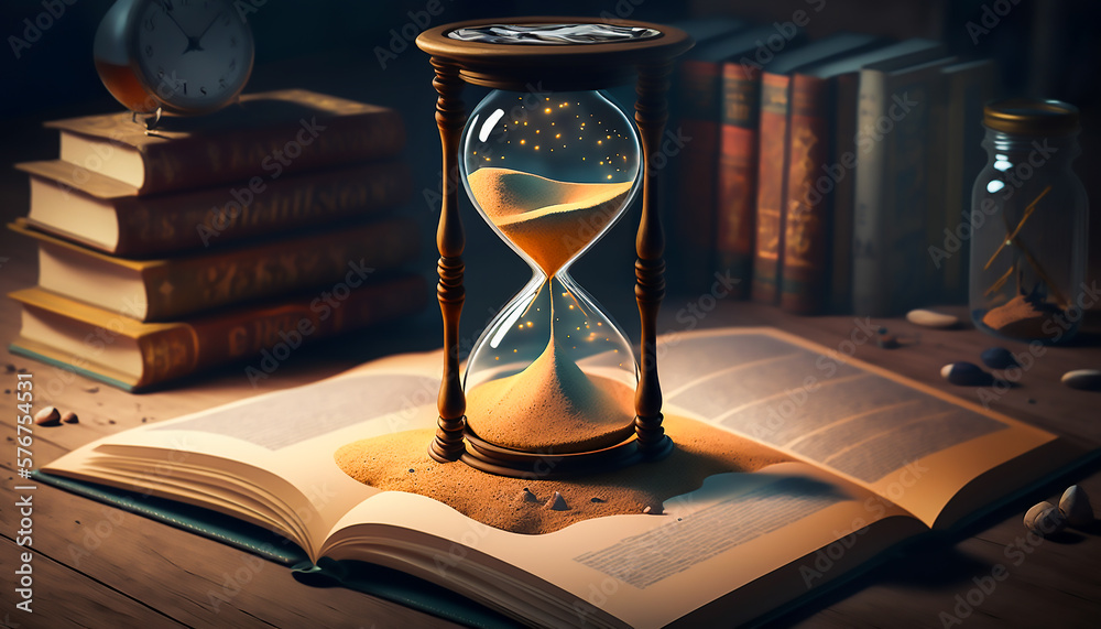 Hourglass with Glowing Sand on a stack of books on a table in a library ...