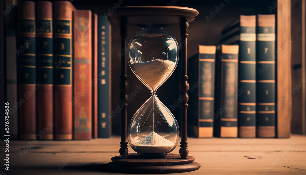 Hourglass with Glowing Sand on a stack of books on a table in a library ...