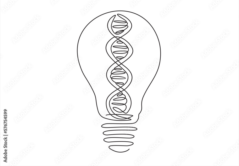 One continuous line drawing of light bulb idea and DNA inside ...
