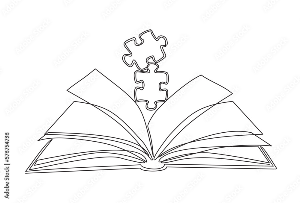 continuous one line drawing of puzzle and open book. Can used for logo ...