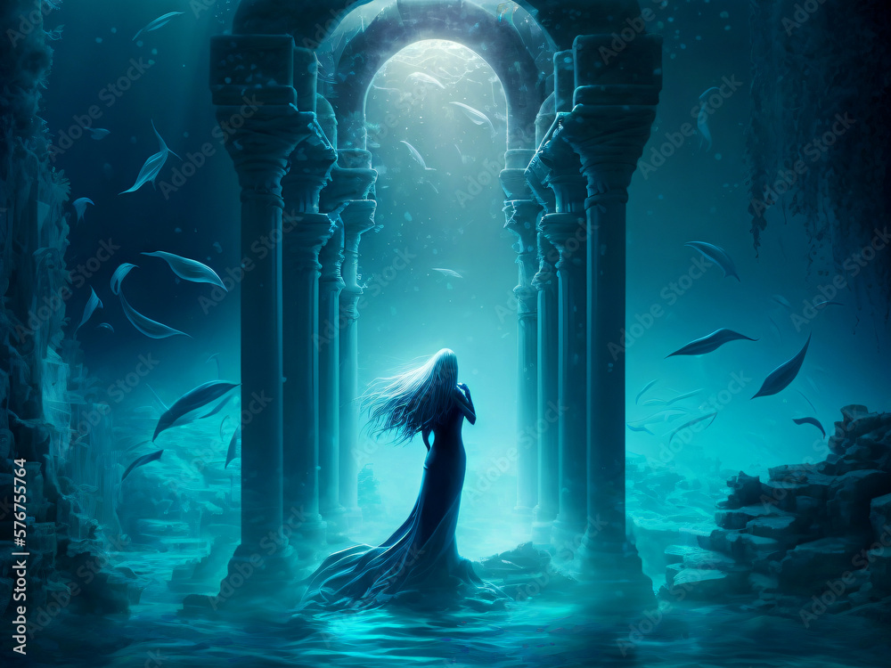 atlantis underwater scene, the magic ocean lady, beautiful young woman ...