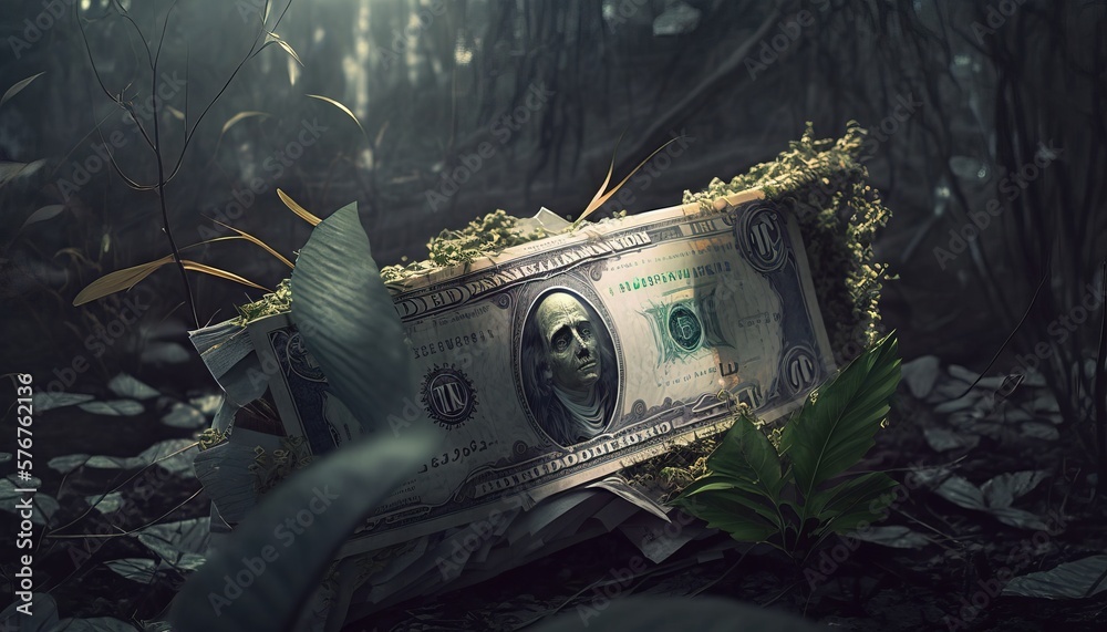 ภาพประกอบสต็อก dollar bills in the nature, jungle, money, background ...
