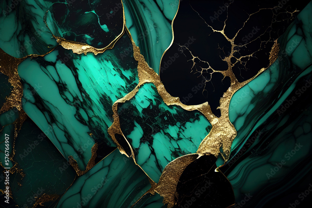 Marble Background Of Emerald Green Color With Gold Trim Or Gold Threads Decorative Background
