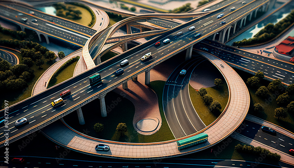 Aerial view of a massive highway intersection. Expressway top view ...