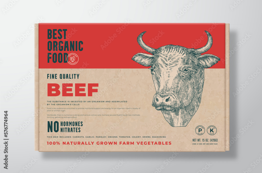 Organic Beef Meat. Vector Food Packaging Label Design on a Craft ...