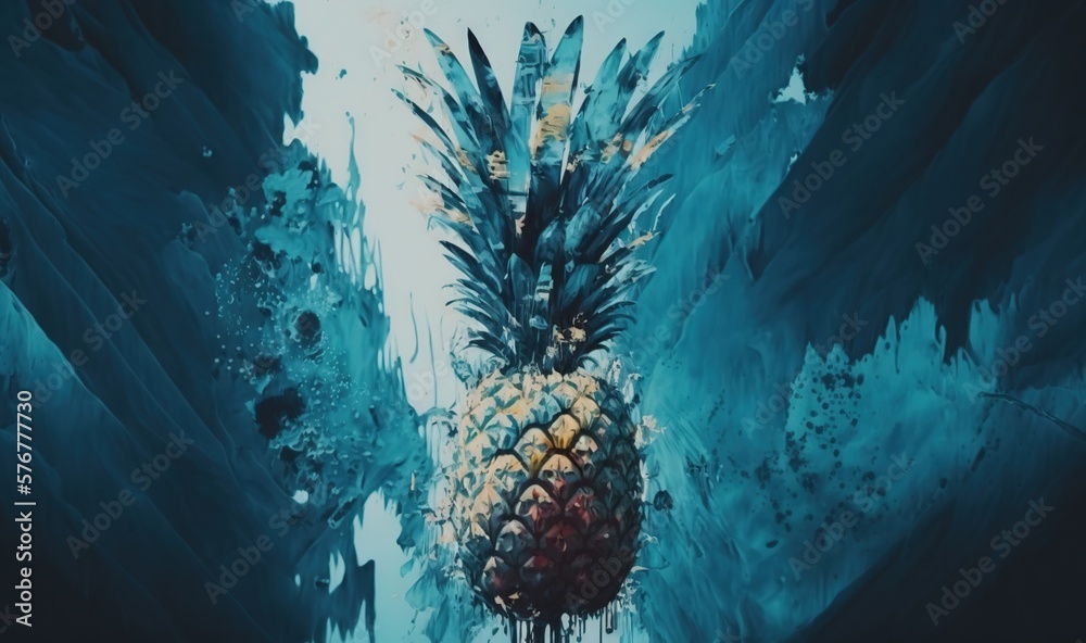 a painting of a pineapple on a blue and black background with blue and ...