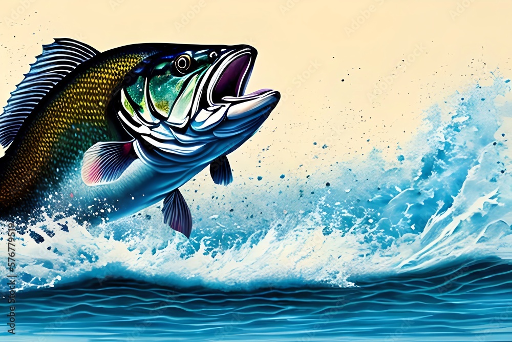 Watercolor Illustration of bass fish jumping out of river water made by ...