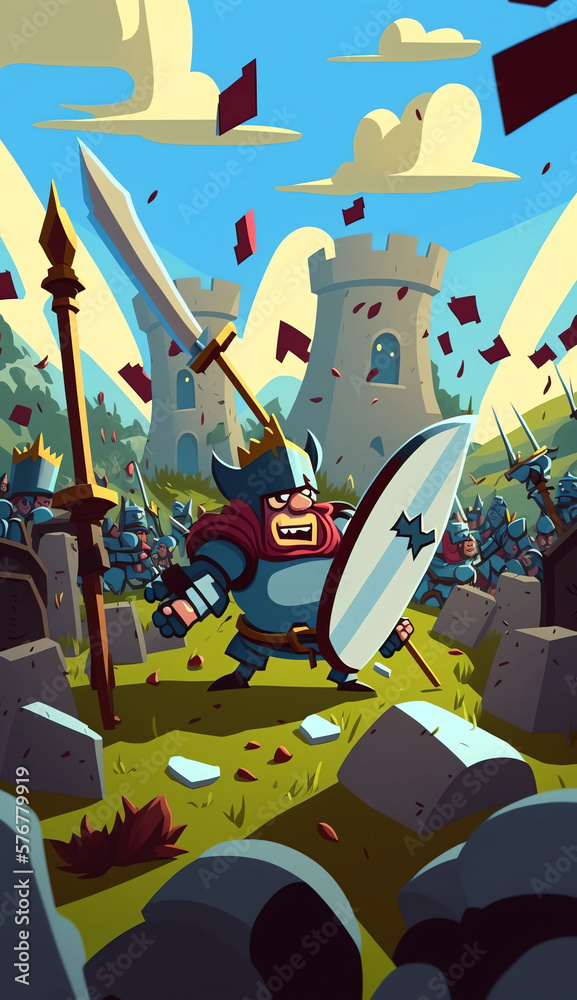 Cartoon battle with medieval warriors in fron of a castle Stock ...