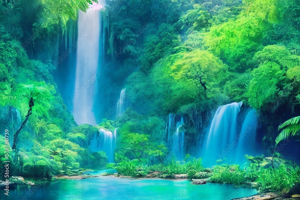 Colorful jungle landscape with azure waterfall and beautiful blue lake ...