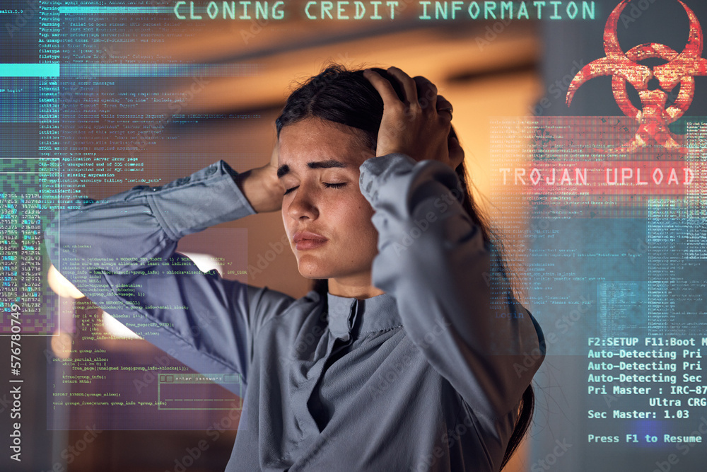 Foto de Hacker stress, coder overlay and cybersecurity problem graphic ... Foto de Hacker stress, coder overlay and cybersecurity problem graphic ...