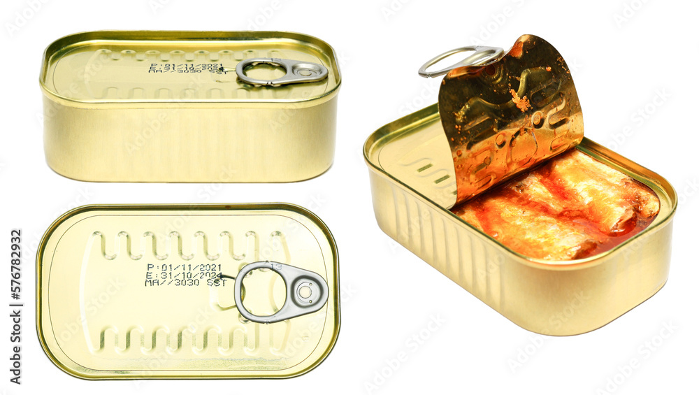 Set of Preserve food canned in Golden metal square tin cans for food ...