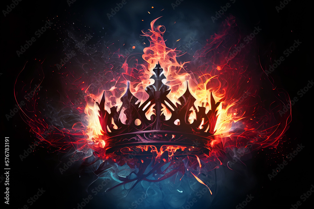 Beautiful burning crown made of fire and smoke on black background ...