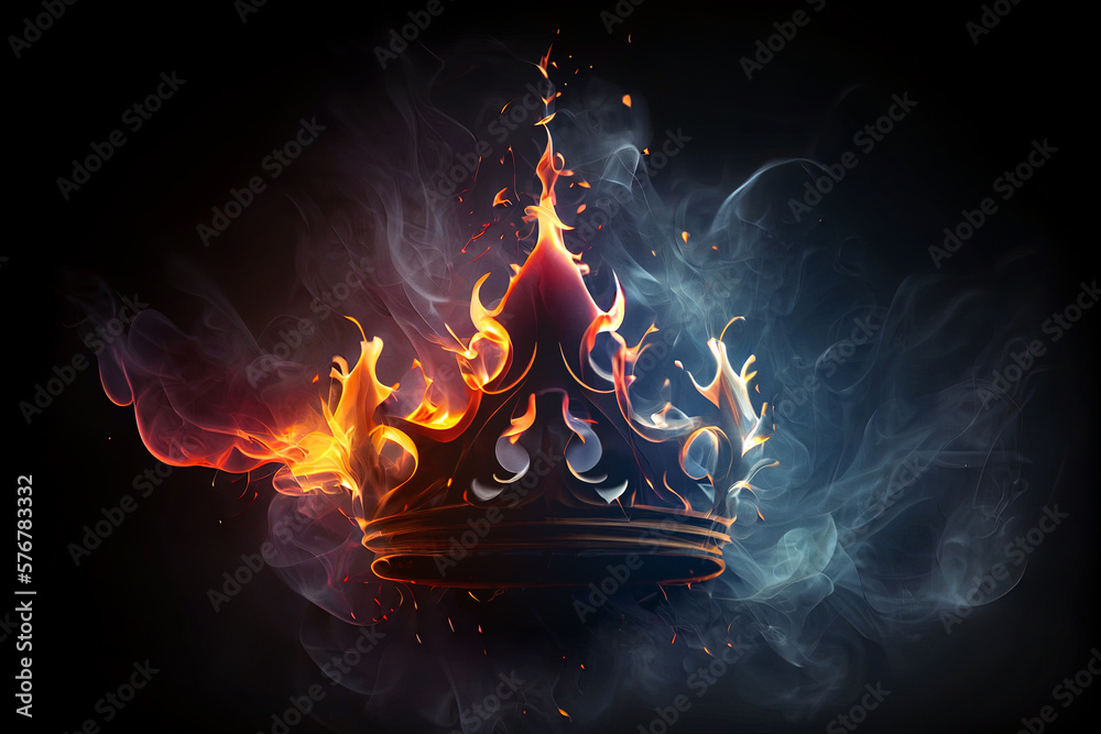 Beautiful burning crown made of fire and smoke on black background ...