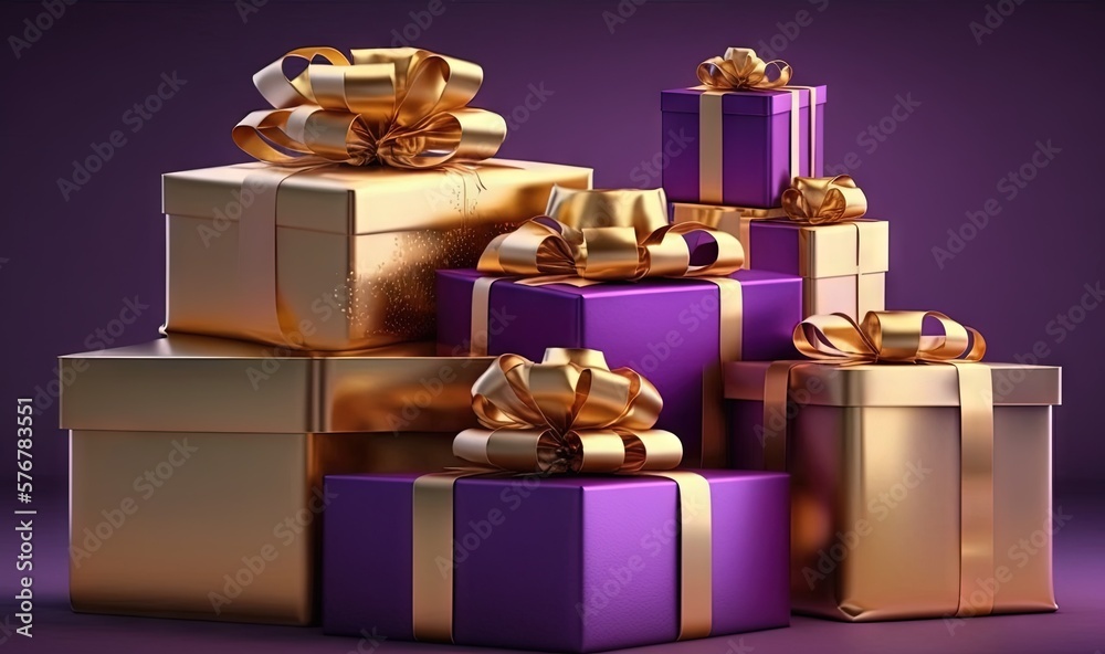 Ilustrace „ a pile of purple and gold wrapped gift boxes with gold ...