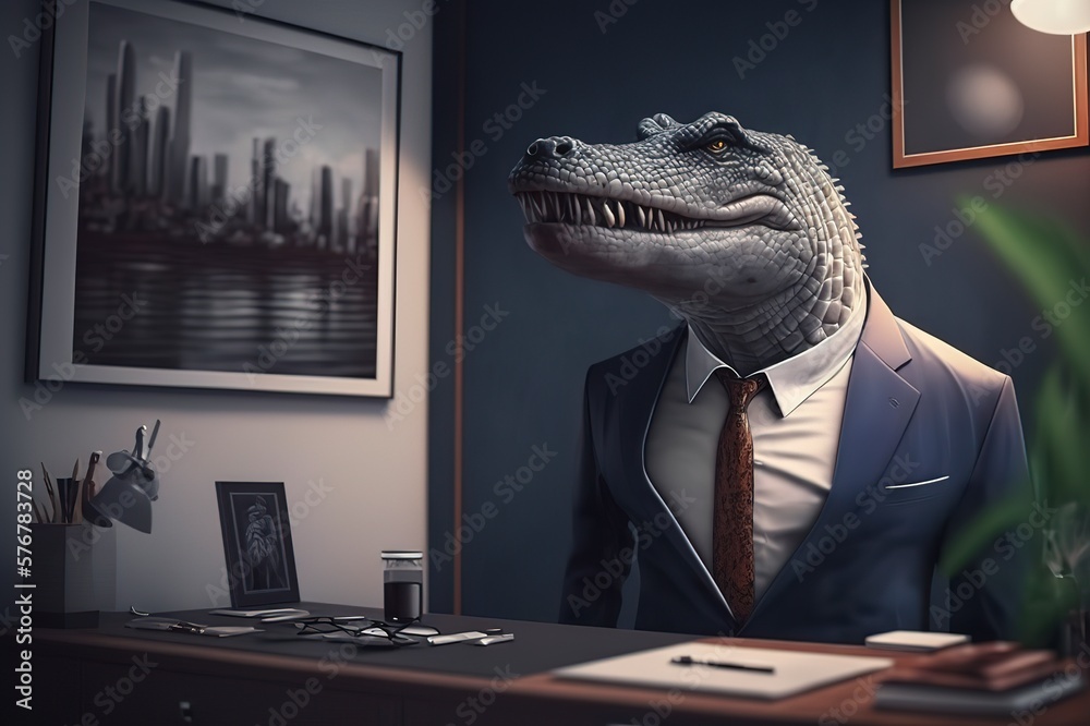 Crocodile man in a business suit in the office. Businessman predator ...