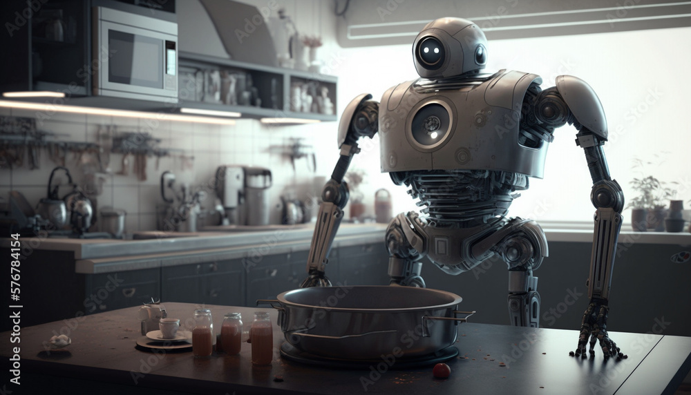 A robot stirs a pot on a stove, showcasing the melding of technology ...