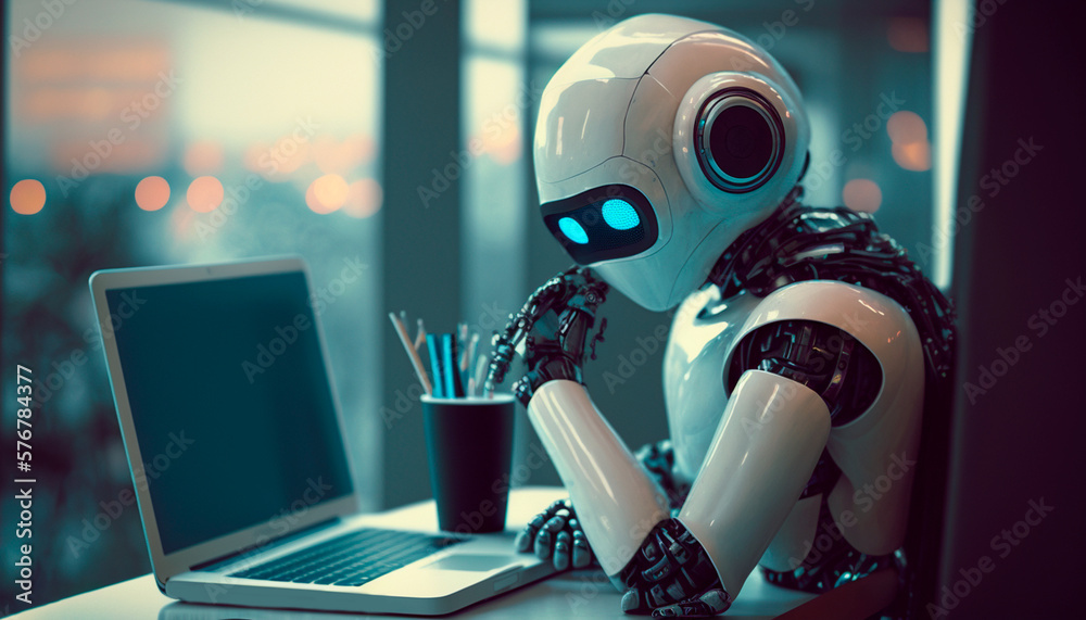 Modern tech robot office worker works with a laptop in an open ...