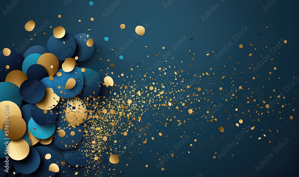 a blue and gold background with confetti and gold dots on a dark blue ...
