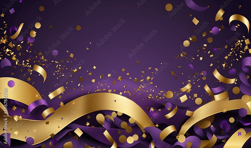 a purple and gold background with confetti and streamers of streamers ...