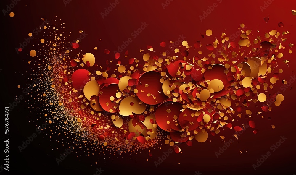 a red and gold background with lots of bubbles and confetti on the ...