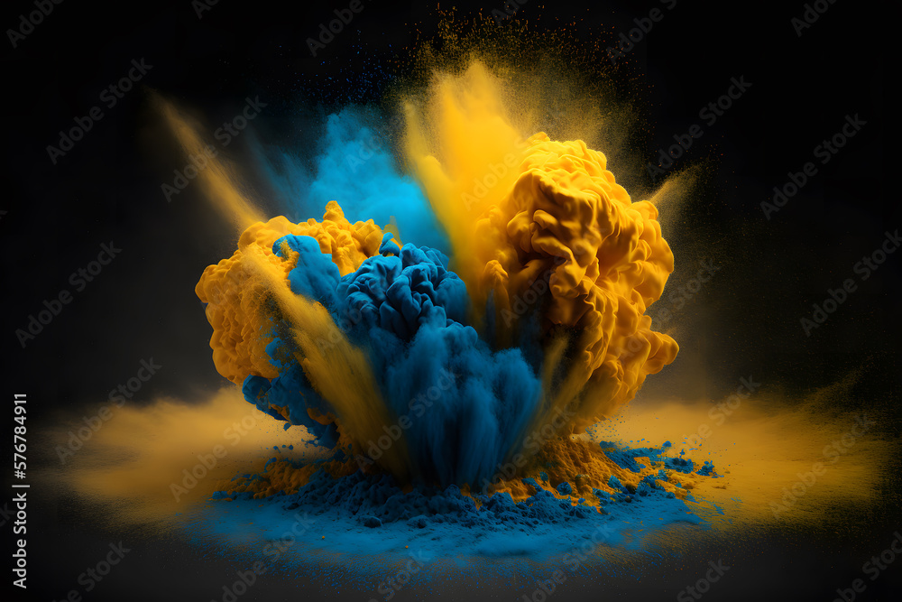 Explosion of yellow and blue color paint powder on black background ...