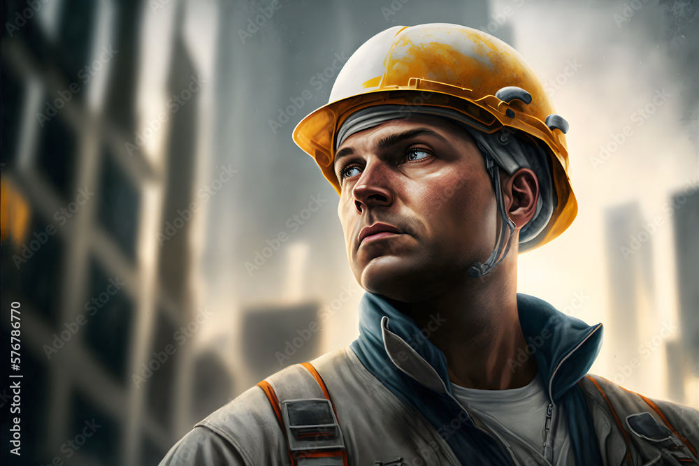 Young construction worker portrait with safety helmet on a construction ...
