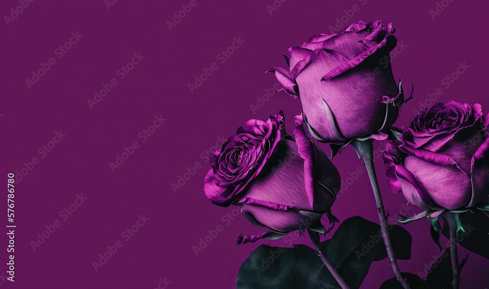 three purple roses are in a vase on a purple background with a black ...