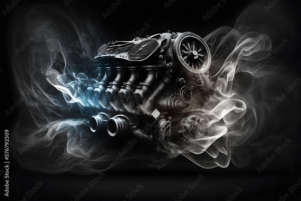 Modern car engine on deep solid black background. Neural network AI ...