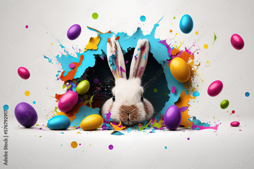 Rabbit tore a hole in a paper background, jumps out of a hole in a blue wall, fluffy eared ...