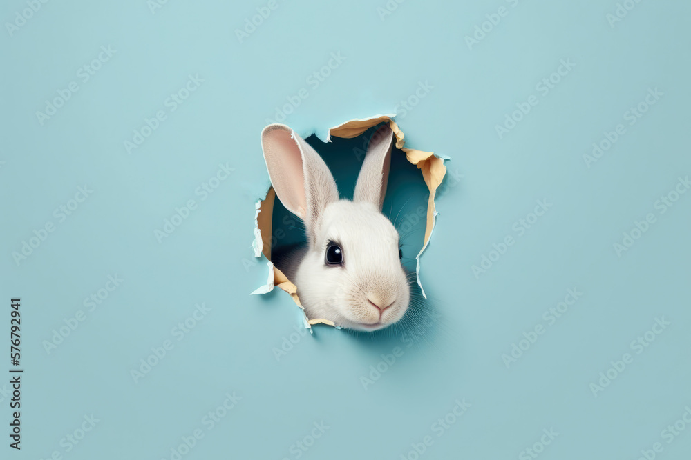 Bunny peeking out of a hole in blue wall, fluffy eared bunny easter ...