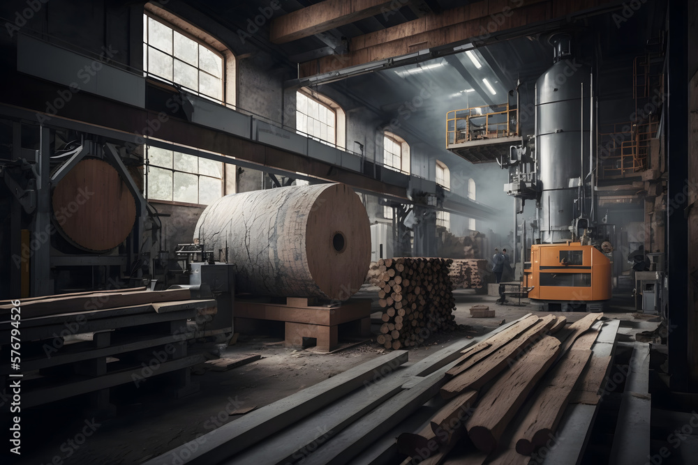 Woodworking sawmill production and processing of wooden boards in a ...