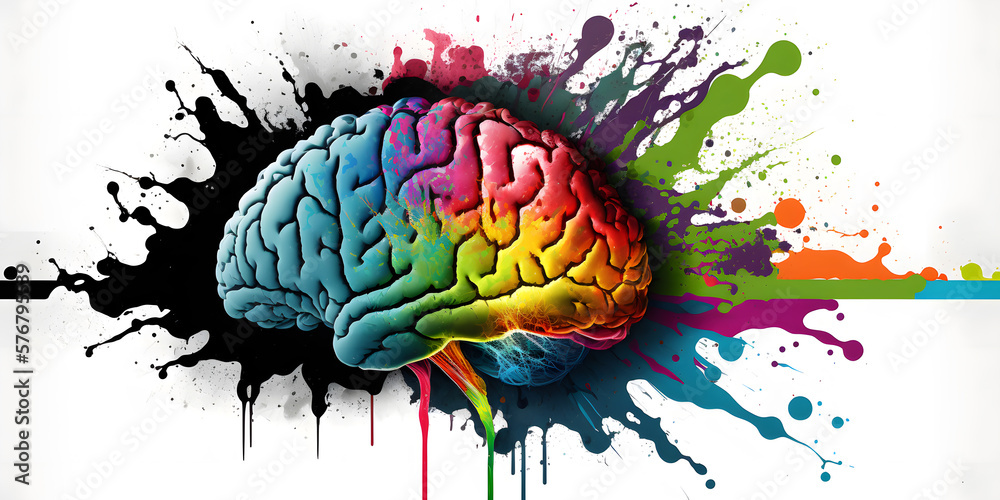 Art brain explodes with paints with colorful splashes on white ...