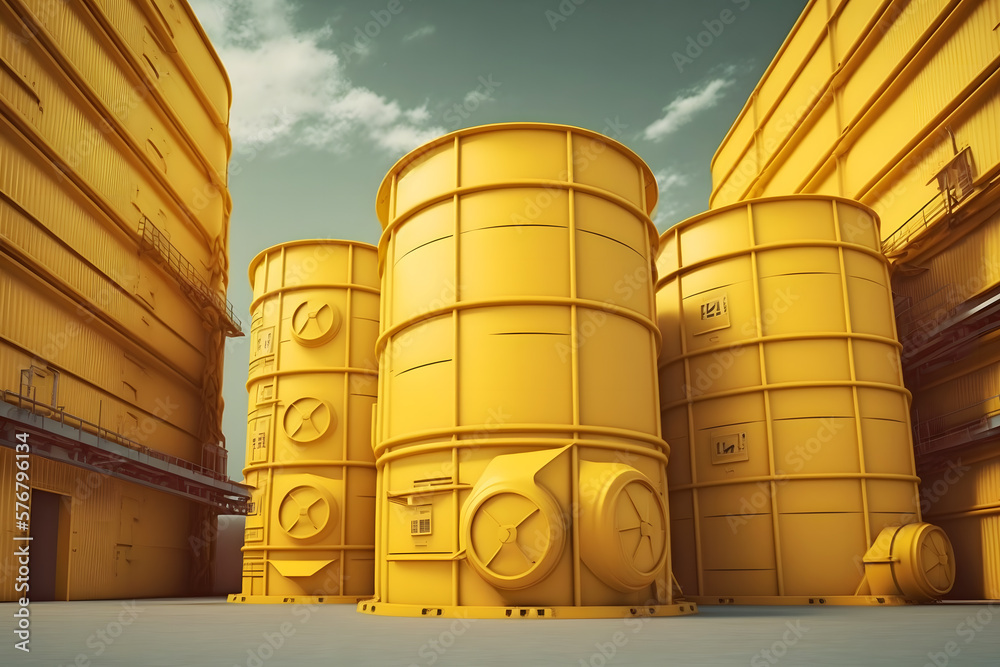 Radioactive waste in barrels, nuclear waste repository. Neural network ...