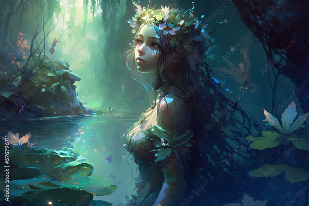Beautiful Young Fairytale Nymph Girl In Natural Dress In Sacred River With Water Lilies And