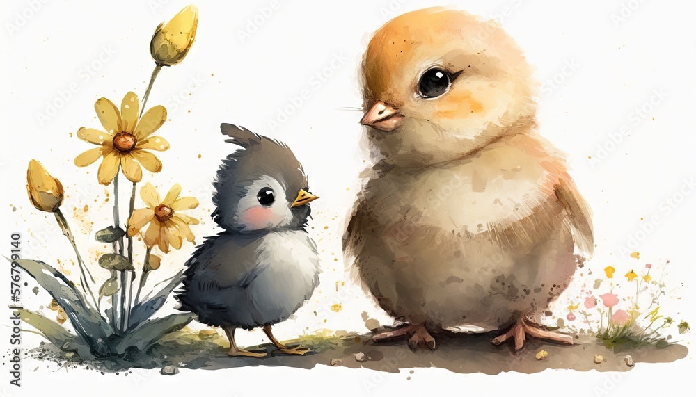 a watercolor painting of a chick and a chickling next to a plant with ...