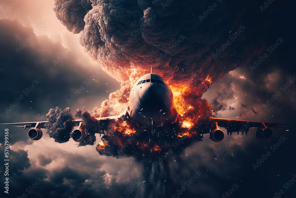 Aircraft explosion during flight. Airliner catastrophe. Plane accident ...