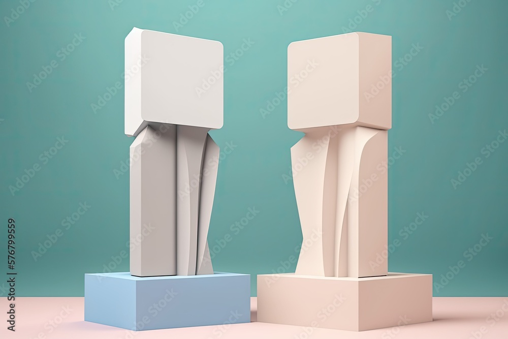 Two empty, white podiums are set against a beige background in this ...