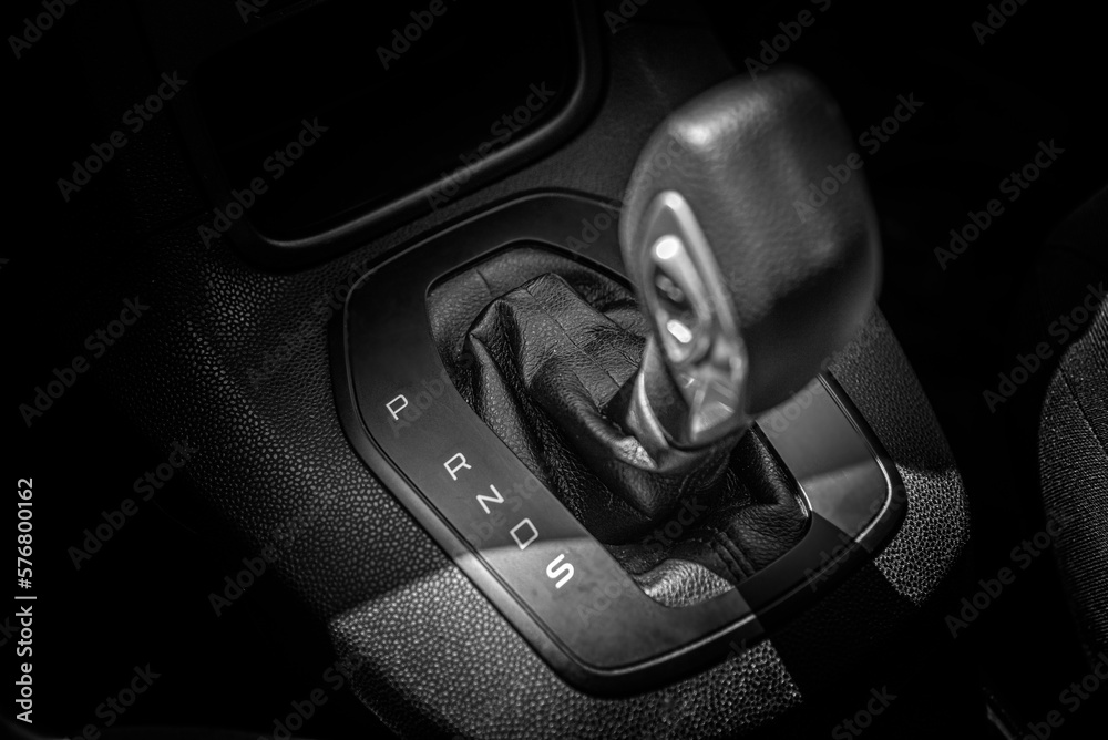Top view of automatic gearbox selector on black background. Automatic ...