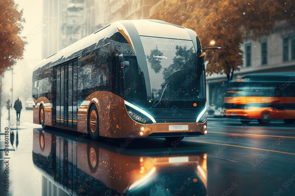 ภาพประกอบสต็อก Transport of future: Futuristic self-driving bus on the ...