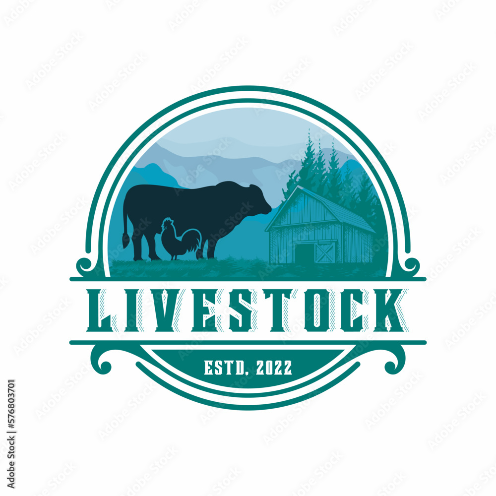 Vetor de Cattle logo design with isolated chicken cow concept inside ...